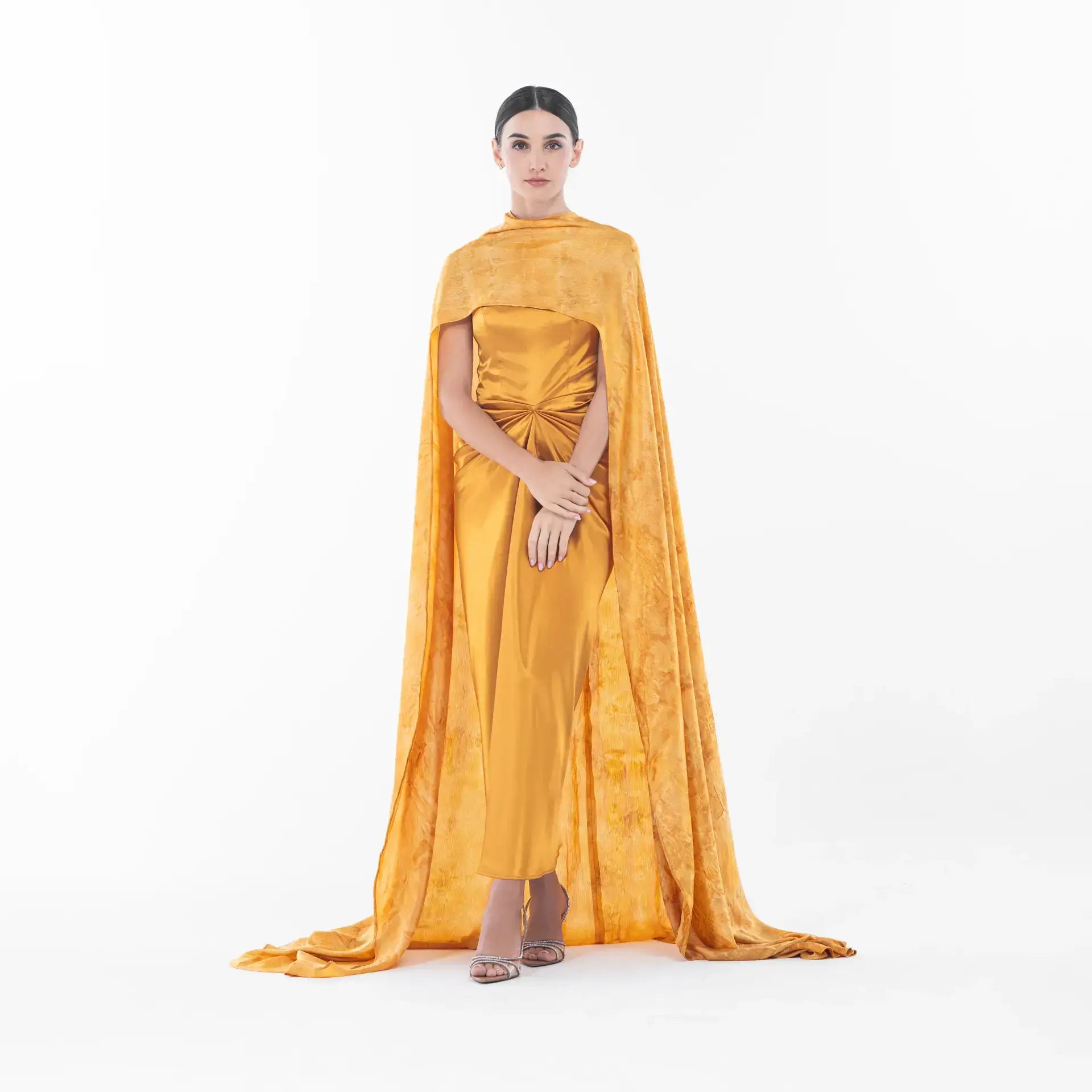 Helena Dress - Satin Gown | Formal Gown with Cape | MOOEI